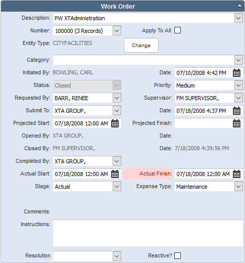 Work Order Panel Fields