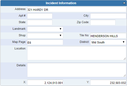 Incident Information Panel Fields