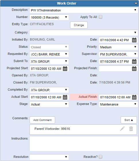 Work Order Panel Fields
