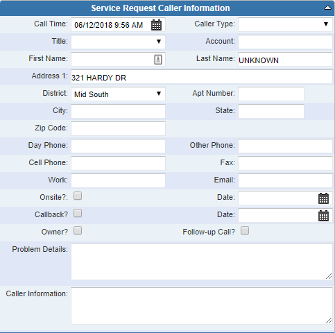 Service Request Caller Information Panel Fields