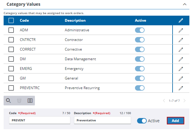 Add Category Values for a Work Order