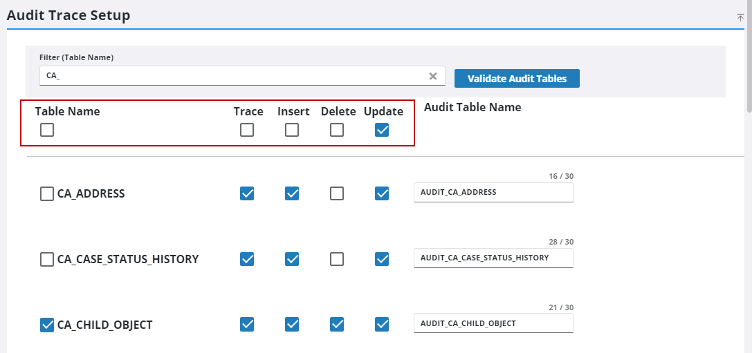 Configure Audit Trace Tables