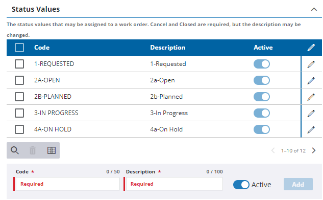 Add Status Values for a Work Order
