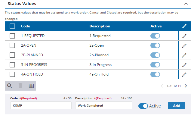 Add Status Values for a Work Order