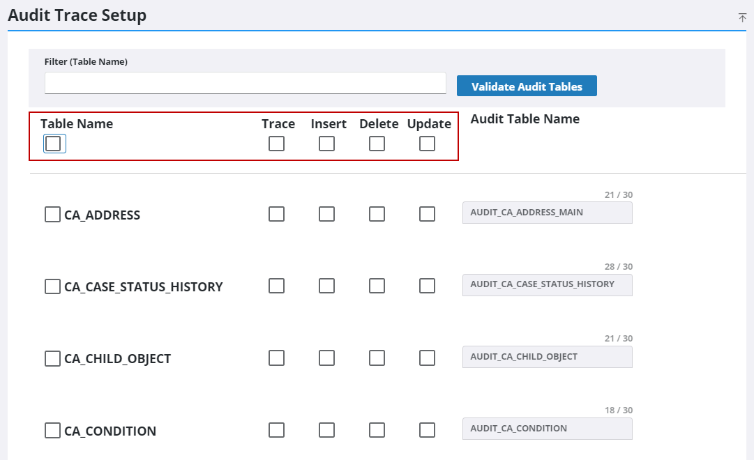 Configure Audit Trace Tables