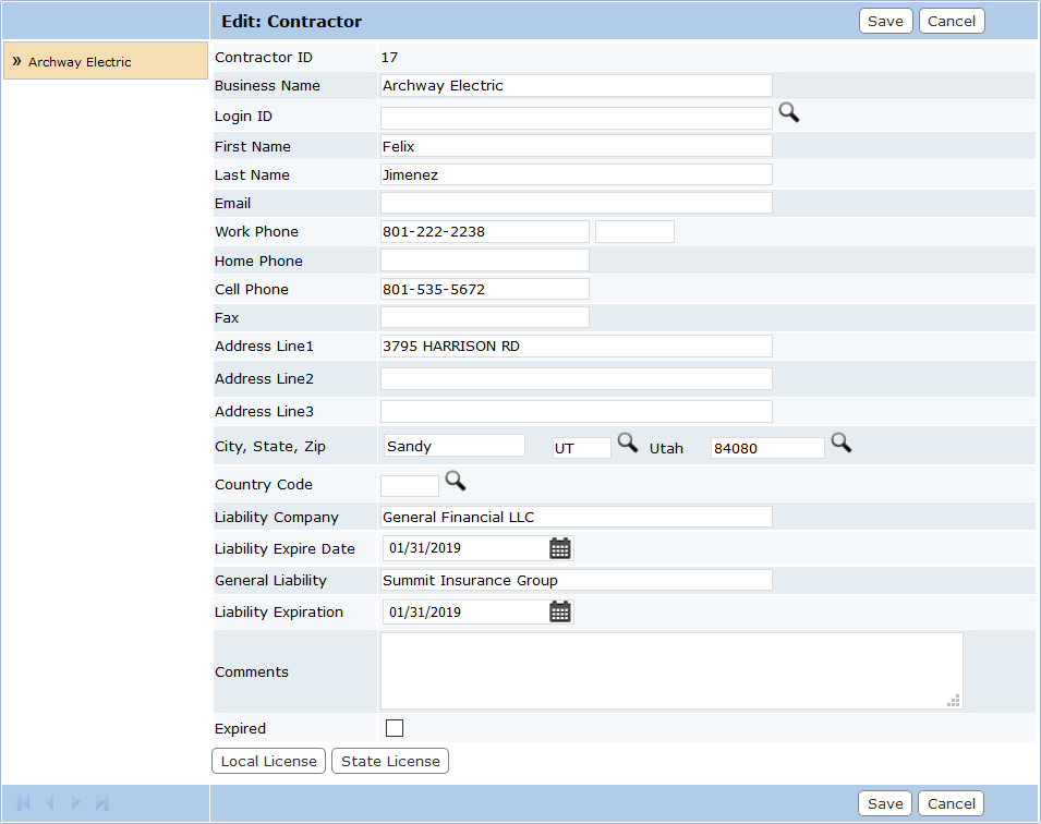 Contractor Record Fields