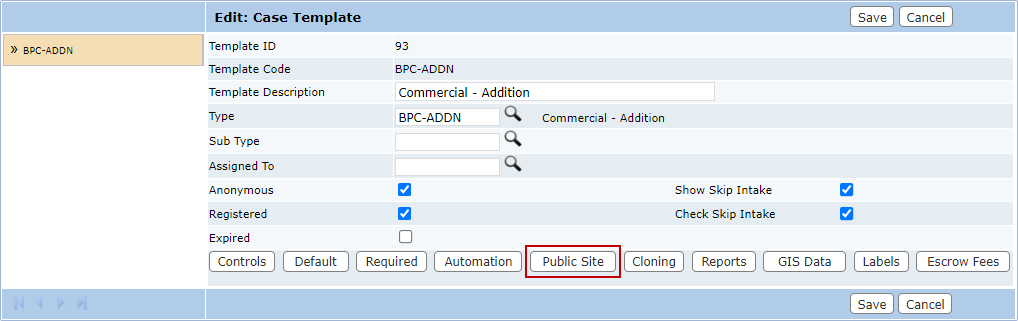Configure Public Site Options on a Case Template