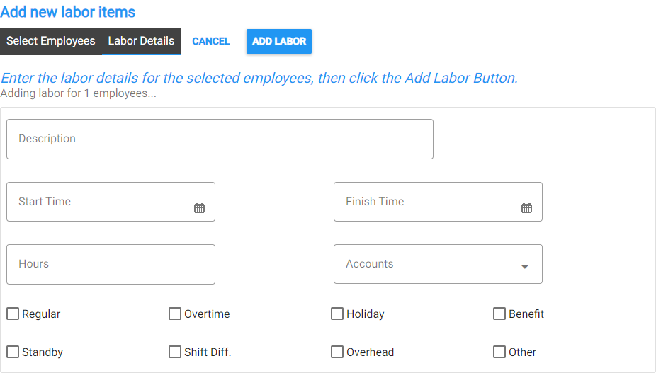 Labor Details Panel Fields