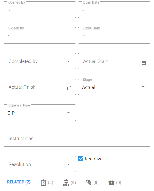 Work Order Panel Fields