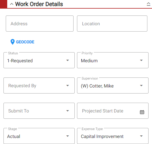 Work Order Details Panel Fields