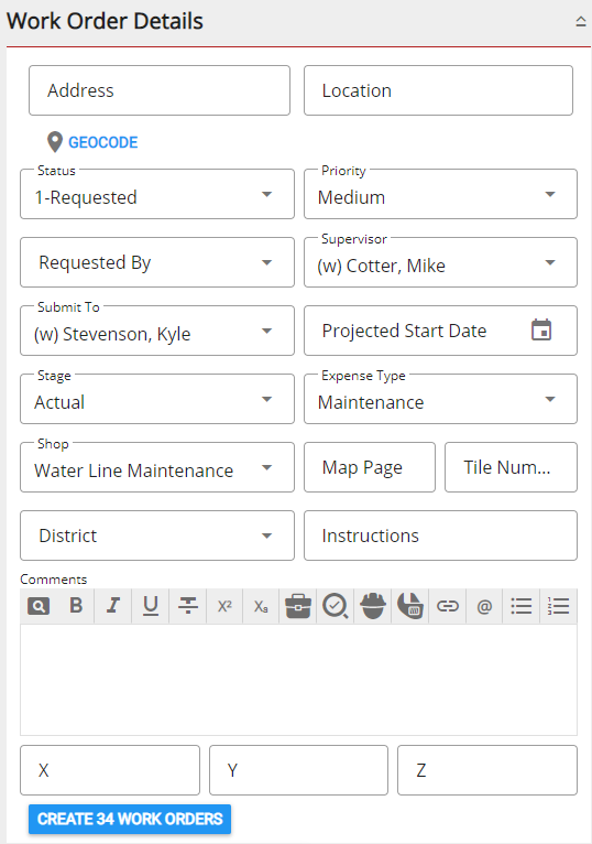 Work Order Details Panel Fields