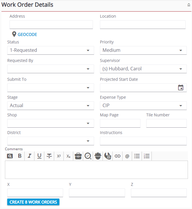 Work Order Details Panel Fields