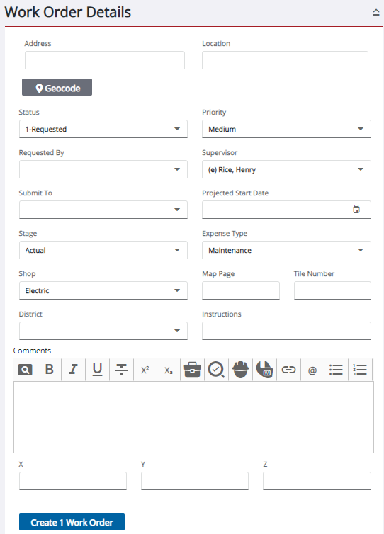 Work Order Details Panel Fields