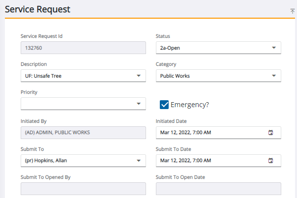 Service Request Panel Fields