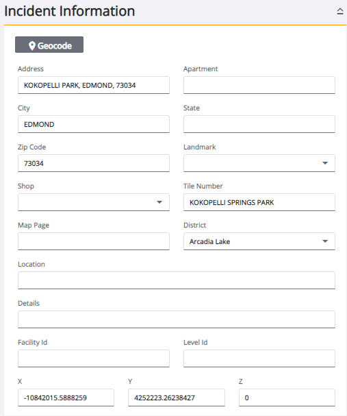Incident Information Panel Fields