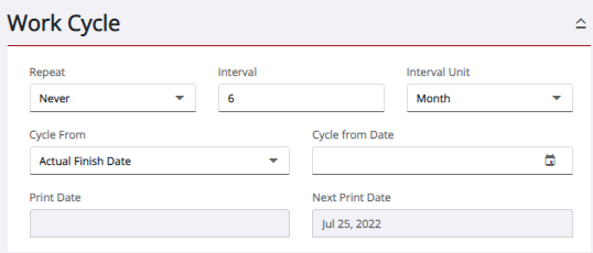Work Cycle Panel Fields
