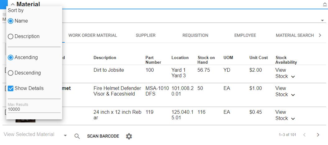 Show Material Details